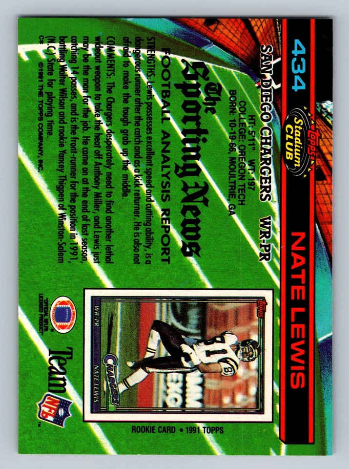 1991 Stadium Club #434 Nate Lewis RC Rookie San Diego Chargers | eBay