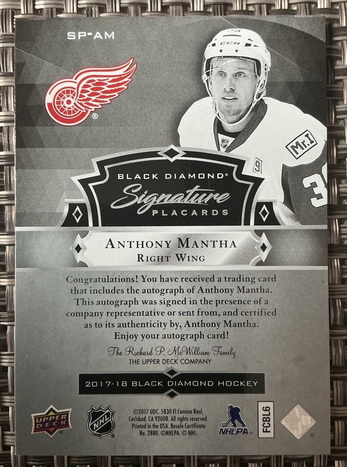 2017-18 Upper Deck Black Diamond Anthony Mantha Signature Placards Auto ...