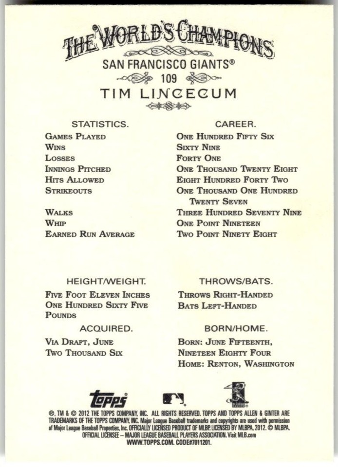 2012 Topps Allen & Ginter #109 Tim Lincecum | eBay