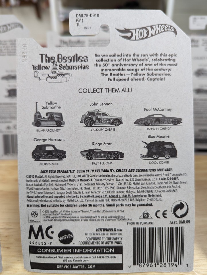 Hot Wheels 2015 The Beatles "Yellow Submarine" Complete 6 Car Set, New ...
