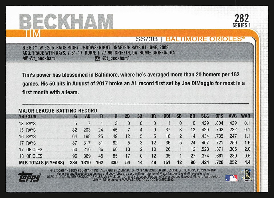 2019 Topps #282 Tim Beckham | eBay