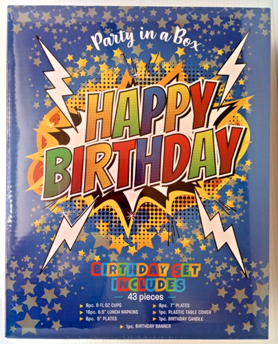 Boom Pow Bam Party Goods in a Box 43 pieces Banner Candle Plates Cups ...