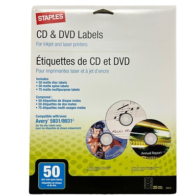 New Staples Laser Inkjet CD DVD Labels White 50 Pack Compatible Avery ...