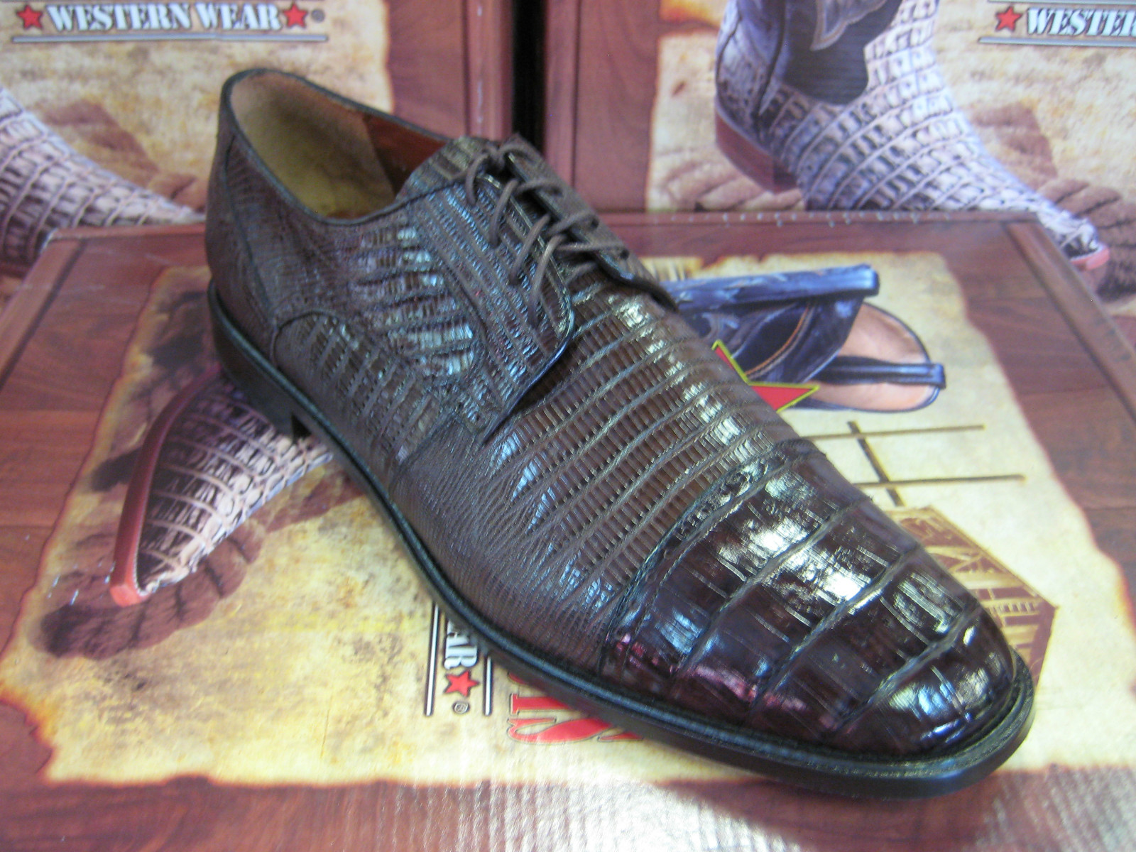 MEN GENUINE AUTHENTIC BROWN CROCODILE & TEJU LIZARD DRESS SHOE (D ...