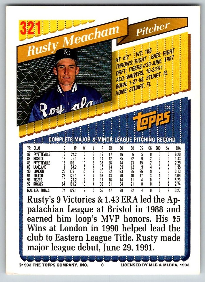 1993 TOPPS RUSTY MEACHAM KANSAS CITY ROYALS #321 | eBay