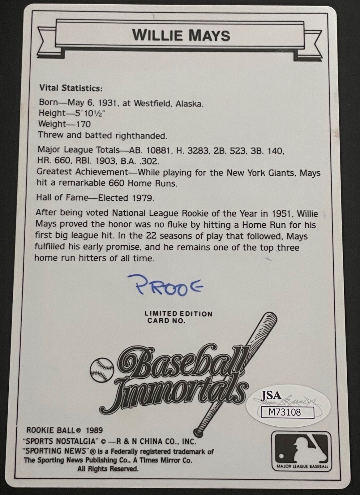 Willie Mays "SAY HEY KID inscription" Autographed Signed 4x6 Trading ...