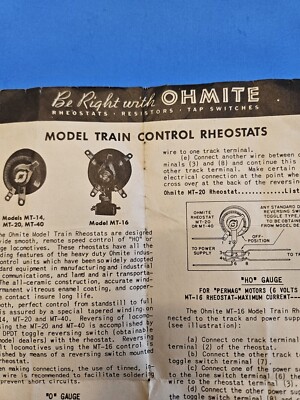 Ohmite Rheostat Instruction Sheet 1947 Model Train Control Kit Chicago ...
