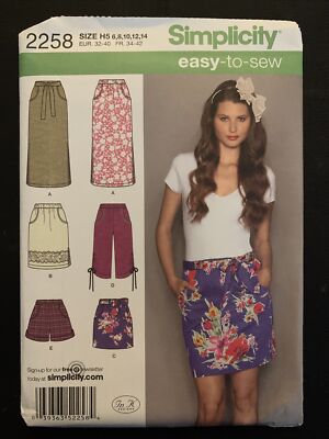 Simplicity Pattern 2258 Skirt Capri Crop Pants Shorts Misses Size 6 8 ...