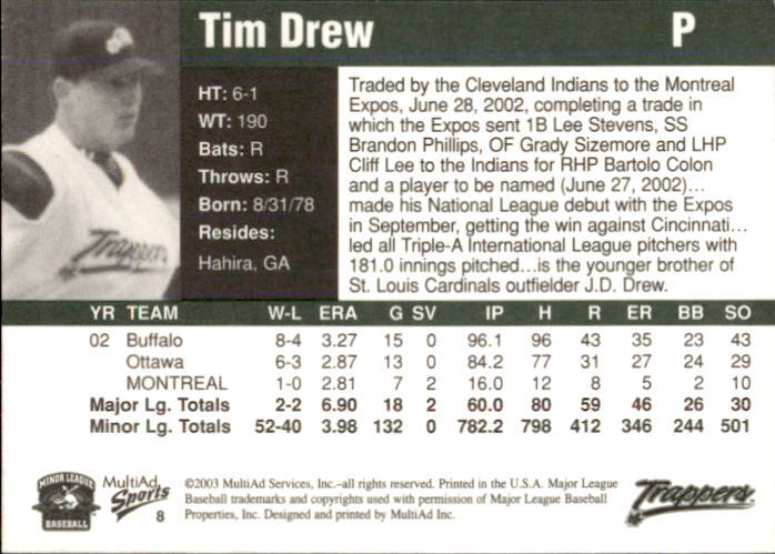 2003 Edmonton Trappers Multi-Ad #8 Tim Drew Hahira Georgia GA Baseball ...