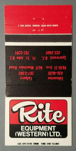 Rite Equipment (Western) LTD. Matchbook CoverEdmonton, Calgary ...