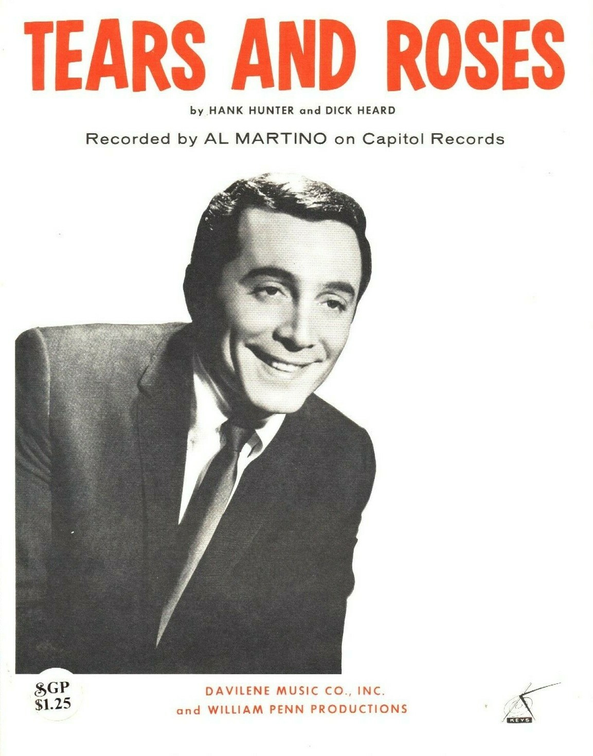 AL MARTINO TEARS AND ROSES SHEET MUSIC PIANO/VOCAL/GUITAR RARE 1964 NEW ...
