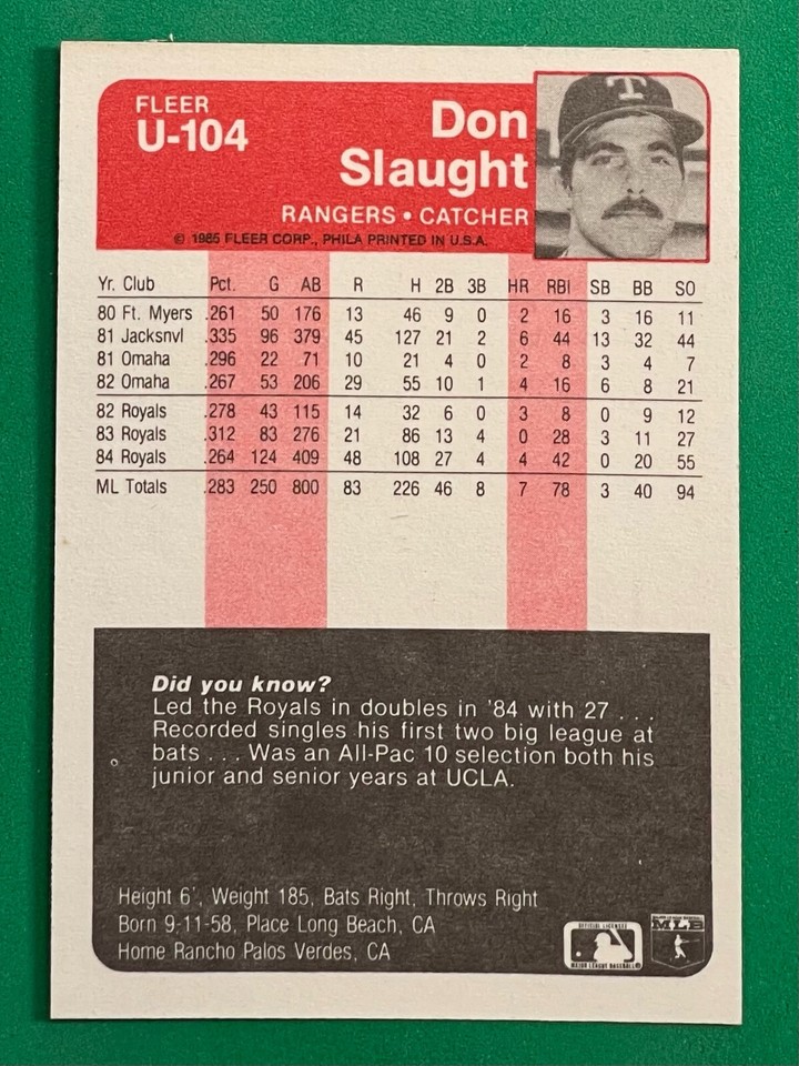 1985 Fleer Update Baseball DON SLAUGHT Texas Rangers U-104 NRMT | eBay