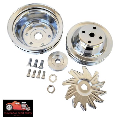 Small Block Chevy Chrome 3 Pulley Set SBC 2 groove LONG pump 305 350 ...