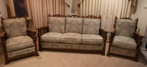 Beautiful antique Jacobean lounge suite 3 pce light oak jacquard fabric ...