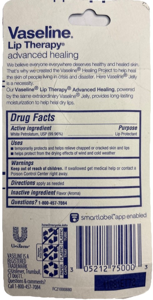 Vaseline Lip Therapy—1 Count Advanced Healing Tube 0.35 oz—NEW—SHIPS IN ...