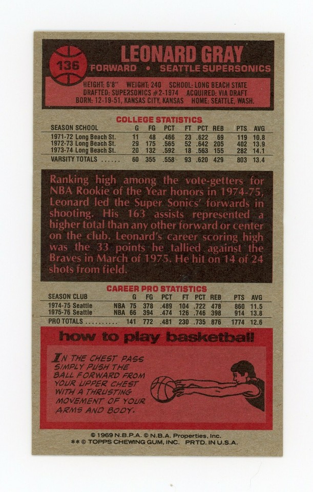 LEONARD GRAY 1976-77 Topps #136 Seattle Supersonics Tall Boys | eBay