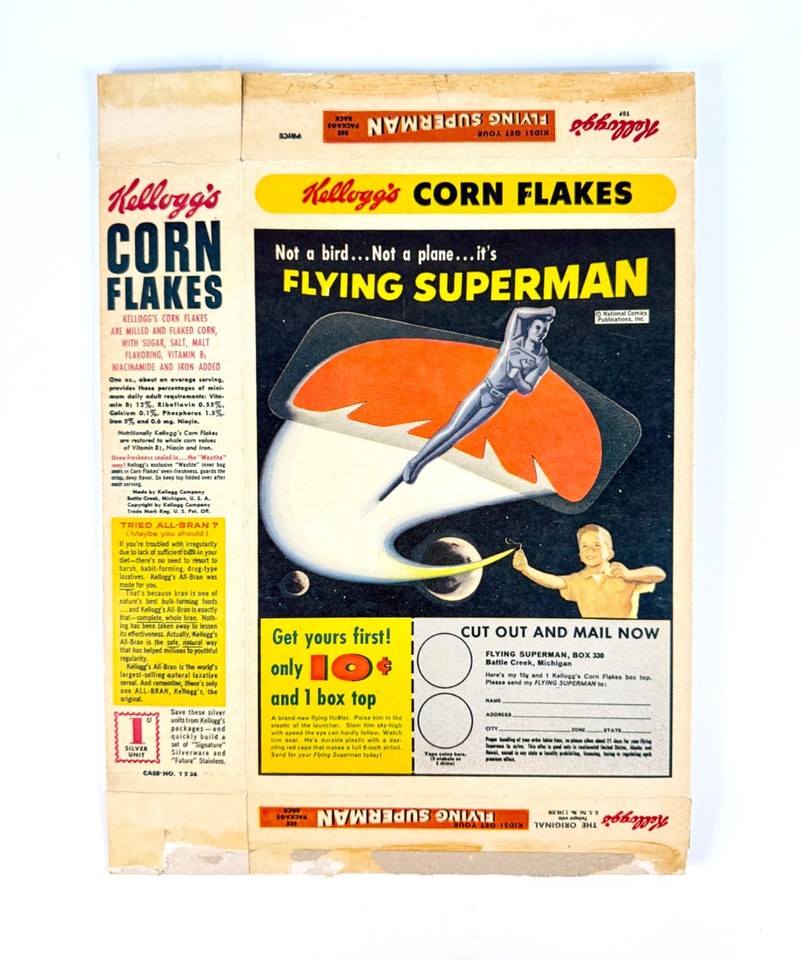 Vintage 1955 Kellogg's Corn Flakes Cereal Box Flying Superman Norman ...