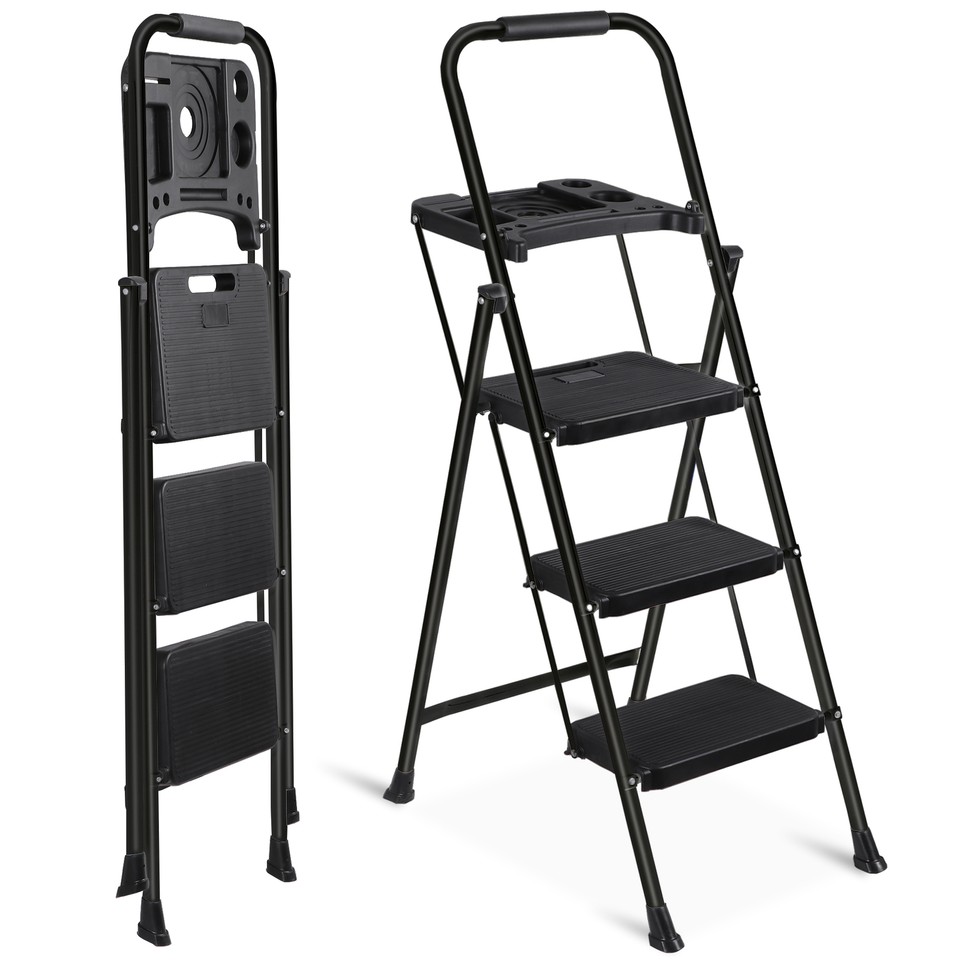3 Step Ladder Folding Steel Ladder with Non-Slip Wide Pedal and Tool ...