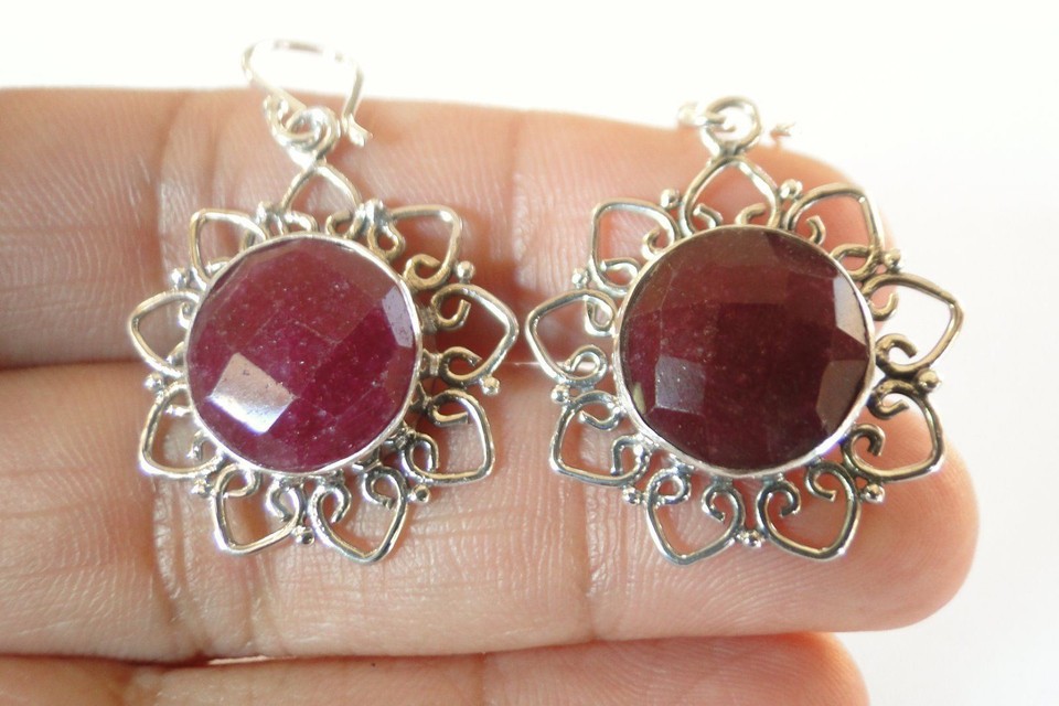 Red Ruby Gemstone Ornate 925 Sterling Silver Dangle Earrings | eBay