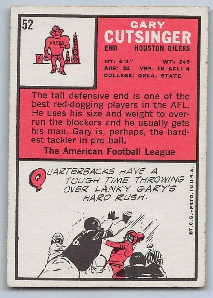 1966 GARY CUTSINGER - Topps Football Card - # 52 - HOUSTON OILERS | eBay