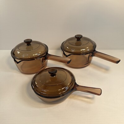 Vintage Corning Amber Visions 6 Piece Cookware Pots .5L And Two 1L Pots ...