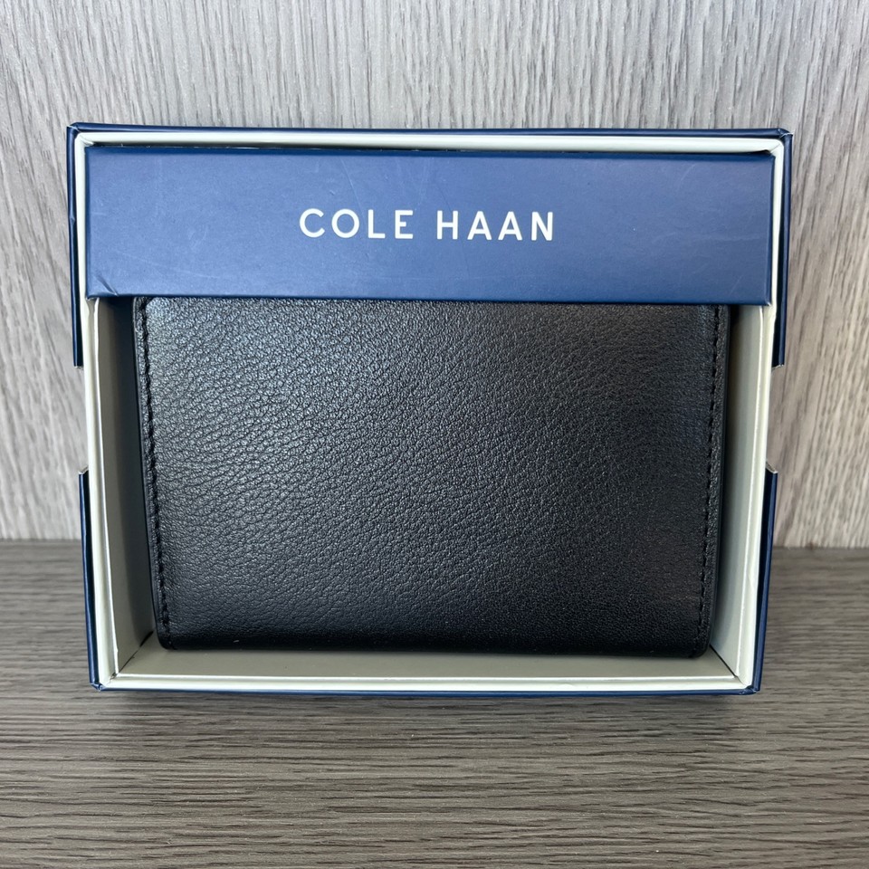 NEW Cole Haan Men's Pebbled Leather Bifold Wallet Black RFID In Gift ...