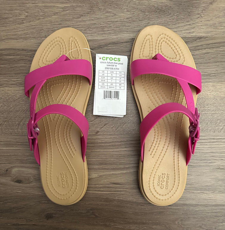Crocs 206108-6TH Women's Sz 9 Fuchsia Fun/Tan Tulum Toe Post Sandals ...