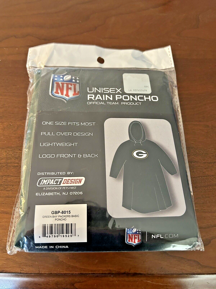 New NFL Rain Poncho Green Bay Packers One Size Unisex Green Bay Packers ...