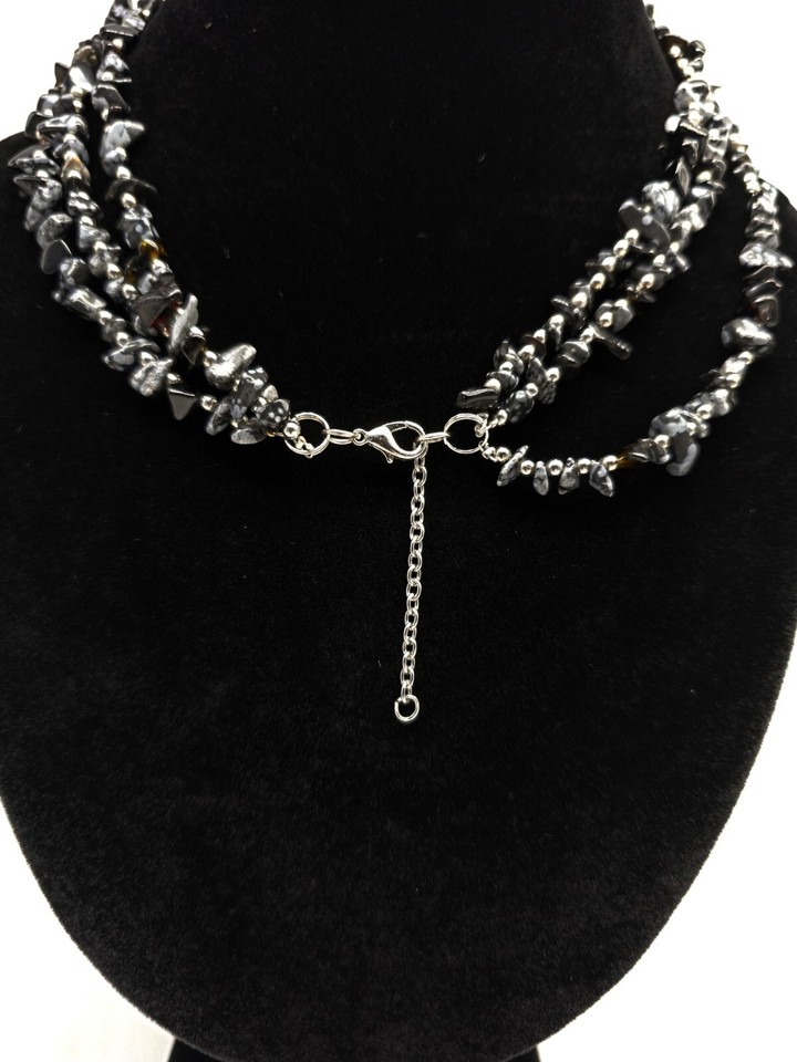 Vtg. Obsidian/Snowflake Obsidian Chipped Gemstone Necklace w/Silver ...