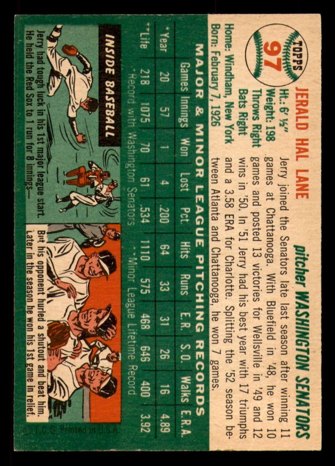 1954 Topps #97 Jerry Lane Very Good RC Rookie Senators | eBay