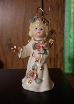 Autom Angel W/Pink Flowers Gold Tone Trim Ornament China Bell Ornament ...