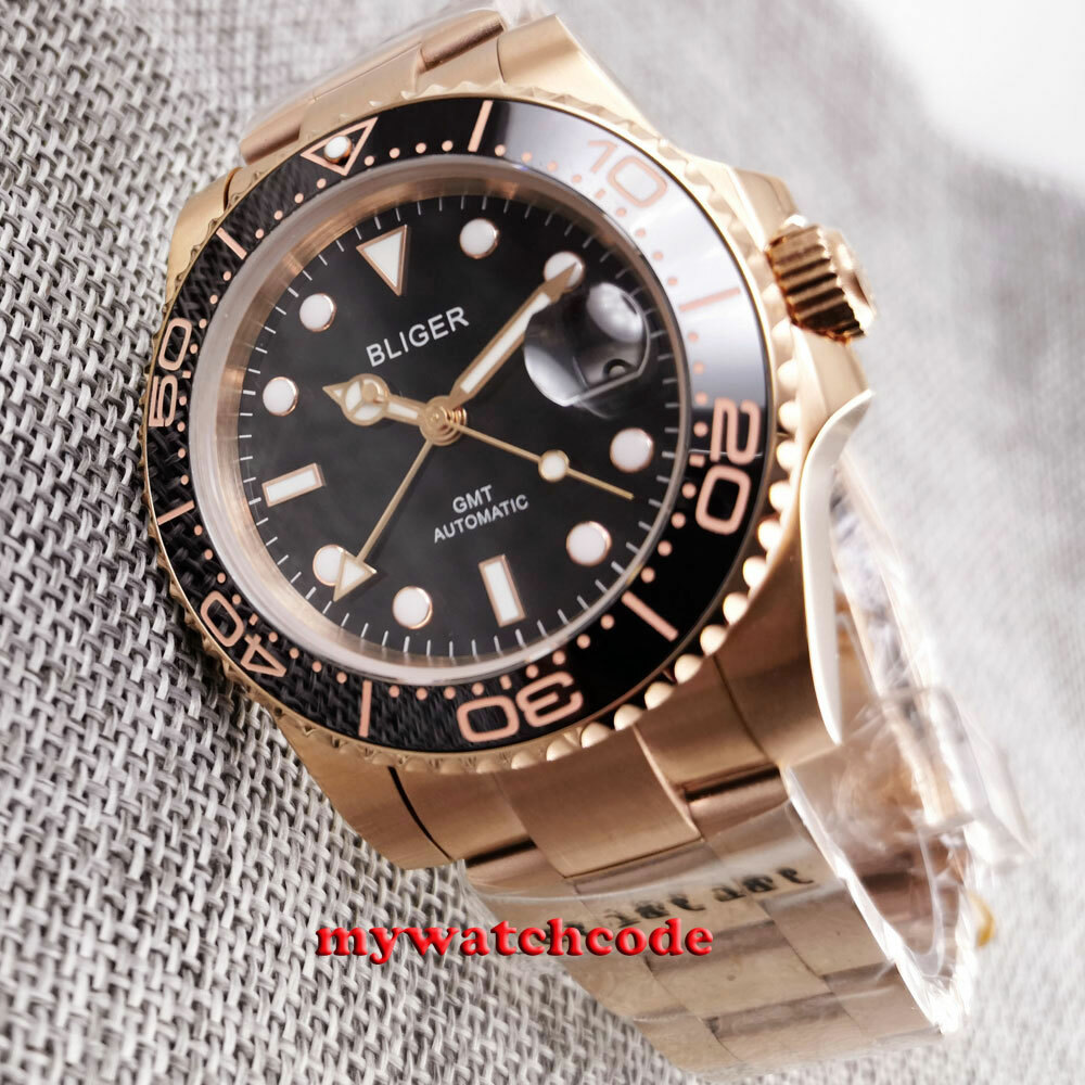 40mm bliger black dial automatic mens watch golden case GMT sapphire ...