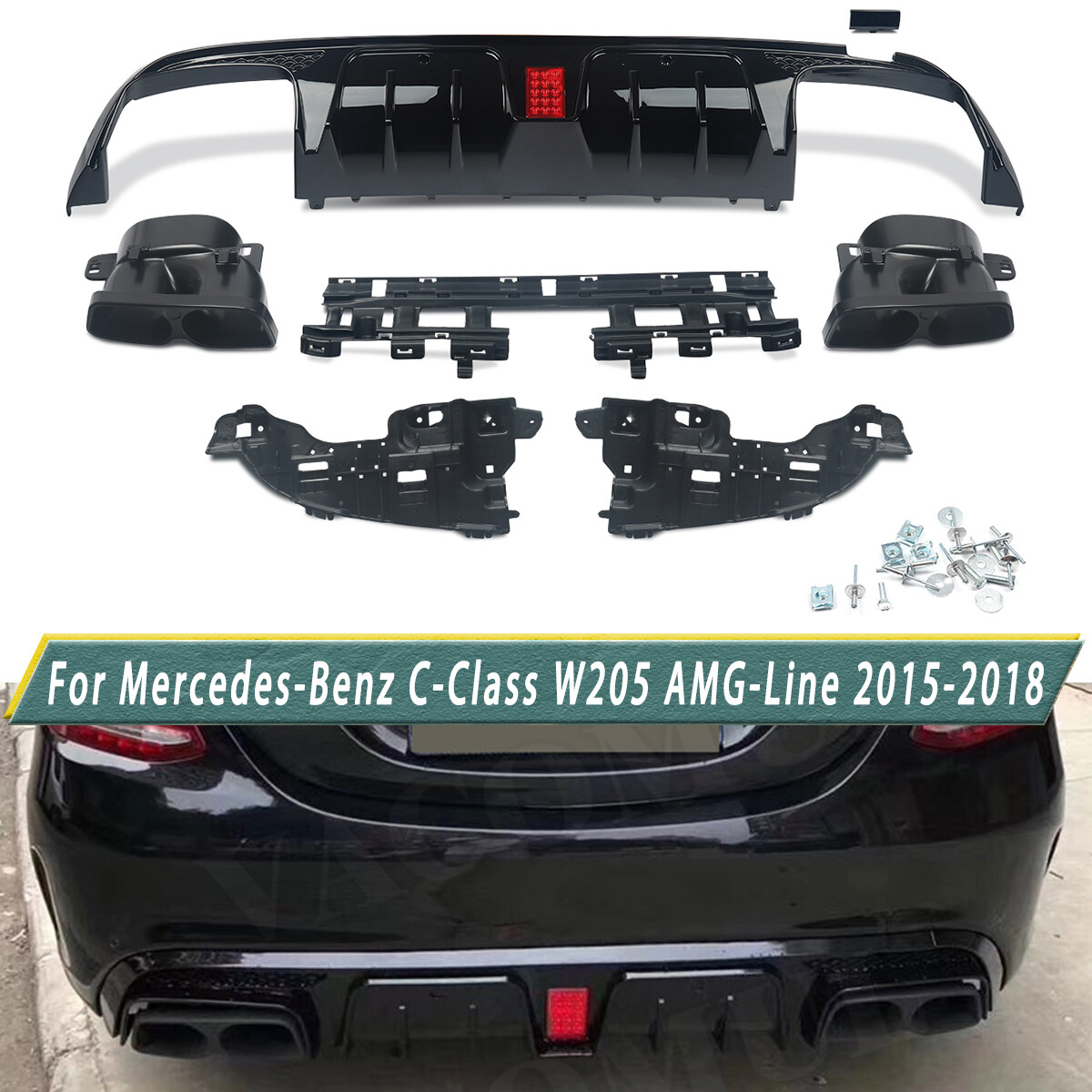 Rear Diffuser Lip W/Exhaust Tips For Mercedes-Benz W205 C300 C63 C43 ...