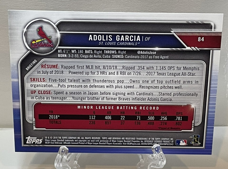 2019 Bowman Adolis Garcia RC Rookie #84 St. Louis Cardinals / Rangers ...