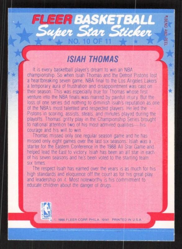 1988 FLEER ISIAH THOMAS 10 MINT STICKERS BASKETBALL DETROIT PISTONS ...