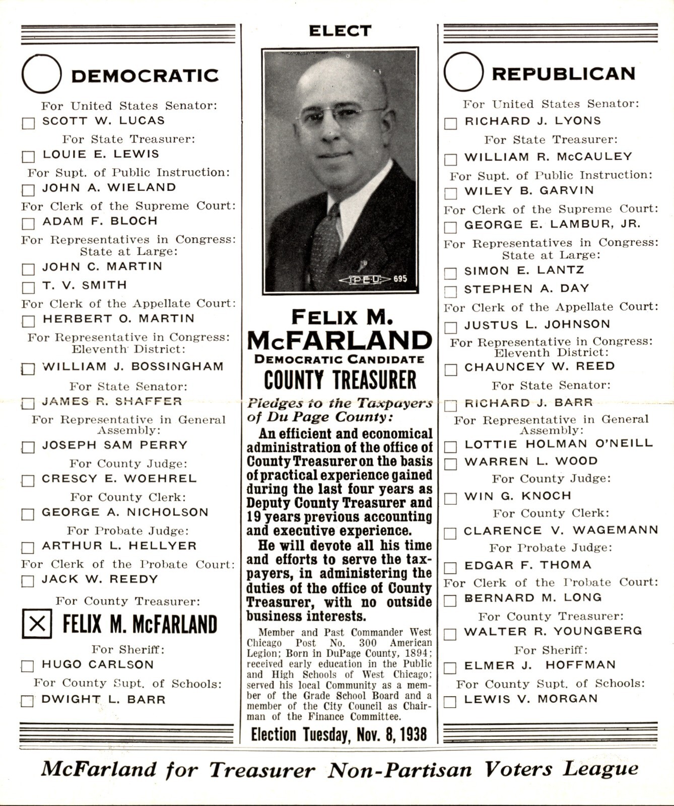 1938 Felix M. McFarland Political Election Card DUPAGE COUNTY ILLINOIS ...