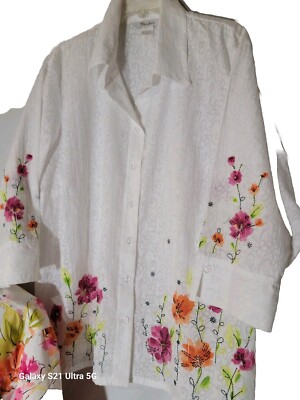 VTG TAN JAY WOMENS 20W BLOUSE ONLY WHITE w FLORAL ON SLEEVES AND BLOUSE ...