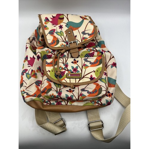 Lily Bloom Backpack Purse Beige Brown Multi Color Birds Floral Design ...