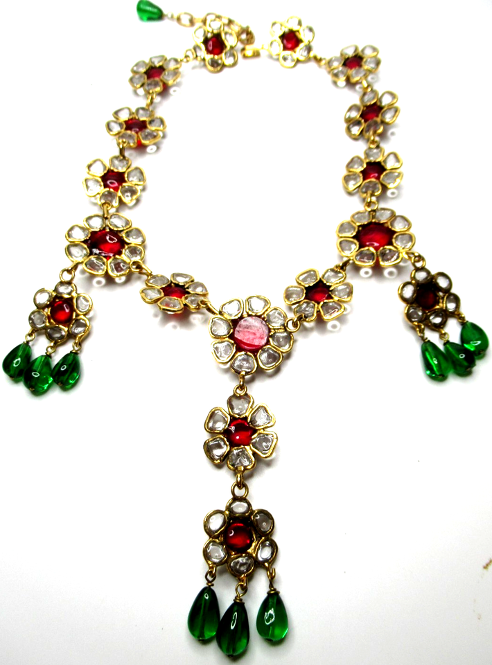 French Gripoix Poured Glass Pâte de Verre Red Green Flower Vintage ...