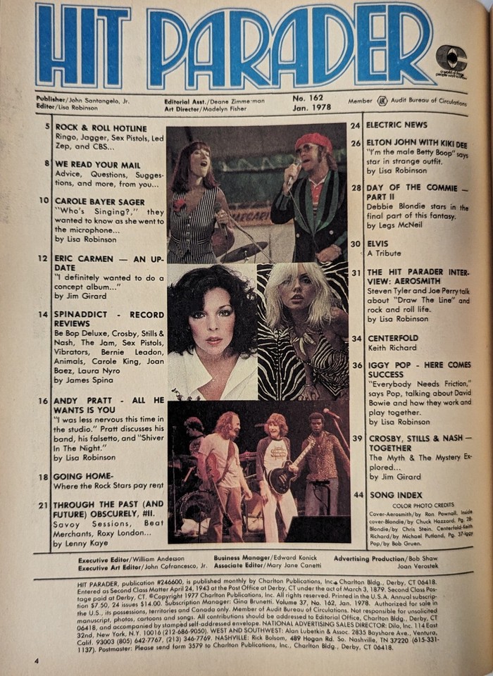 Hit Parader Magazine January 1978 Aerosmith, Blondie, Iggy, CSN, Elton ...