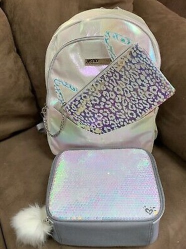 JUSTICE IRIDESCENT BACKPACK CAT SNOW LEOPARD PENCILCASE & LUNCHBOX ...