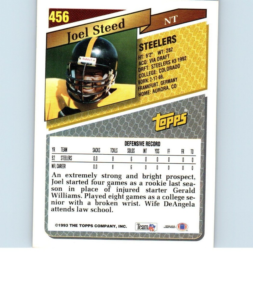 Joel Steed 456 Steelers 1993 Topps NFL Football Trading Card | eBay