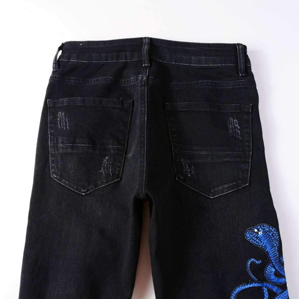 Men's Skinny Stretch Patches Jeans Distressed Washed Denim Snake ...