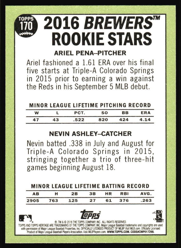 2016 Topps Heritage Brewers Rookie Stars Ariel Pena / Nevin Ashley #170 ...
