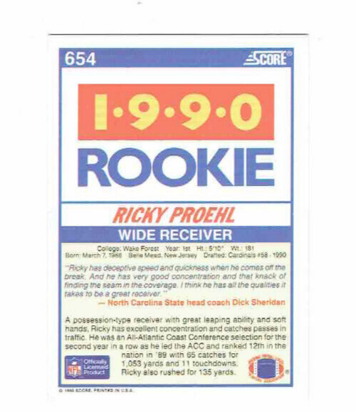 Ricky Proehl Cardinals Wide Receiver #654 Score 1990 Rookie Football ...