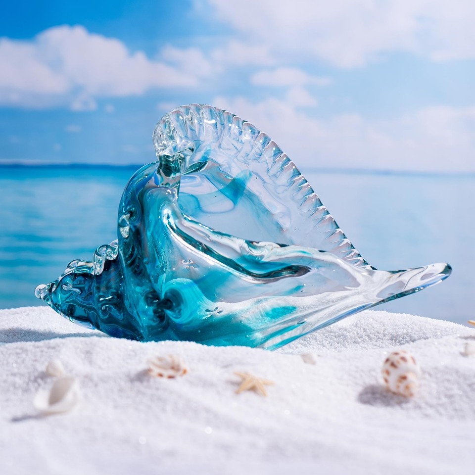 Hand Blown Glass Conch Shell Figurine, 8" Large Blue Glass Art Seashell ...