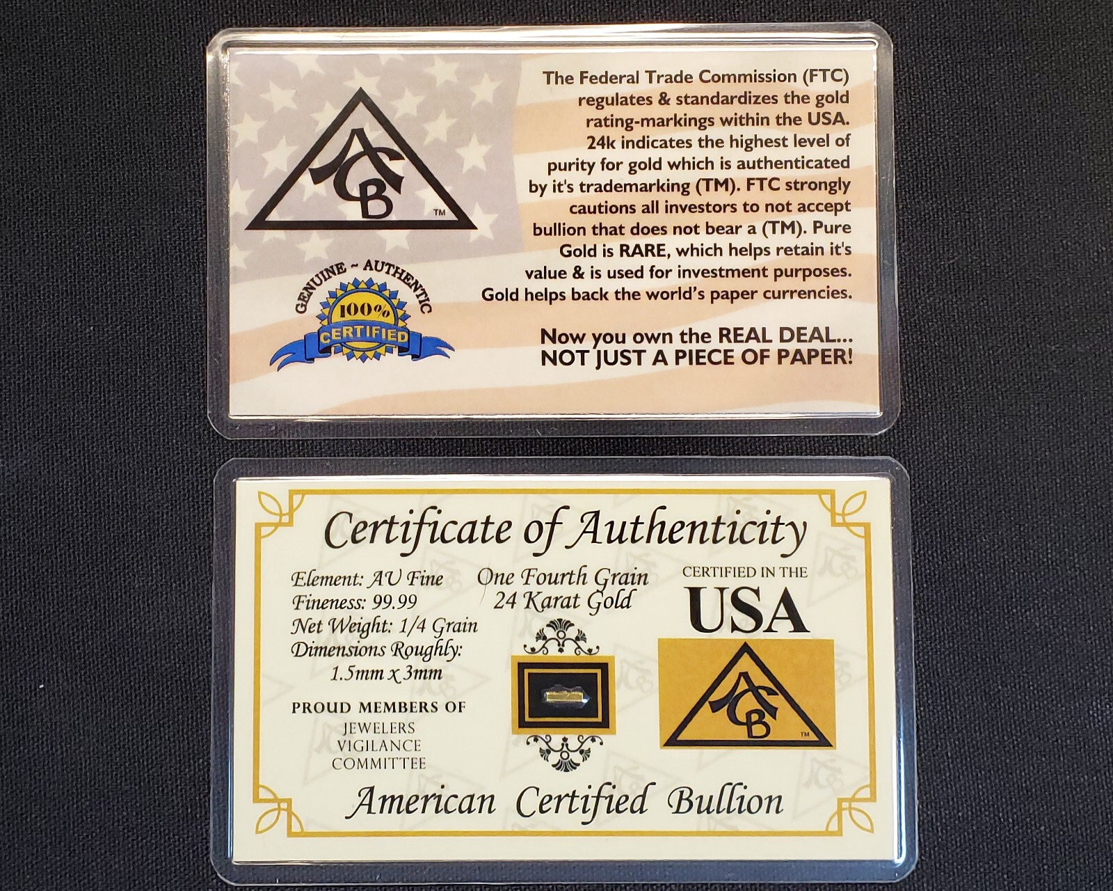 x2 GOLD 24K BARS ACB 1/4GRAIN SOLID BULLION 9999 FINE CERT/AUTHENTICITY ...