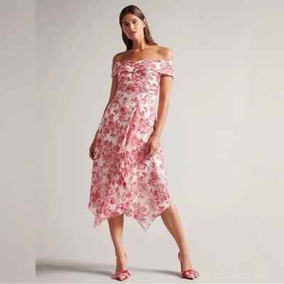 Ted Baker London Ivory Red Eloisi Off Shoulder Midi Dress TB Sz 6 US Sz ...