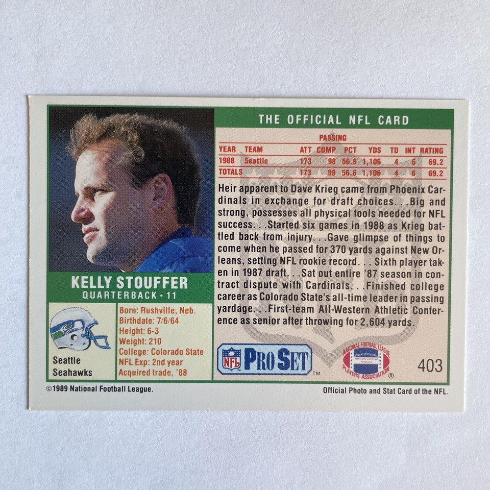 1989 Pro Set FOOTBALL #403 Kelly Stouffer Rookie Seattle Seahawks | eBay