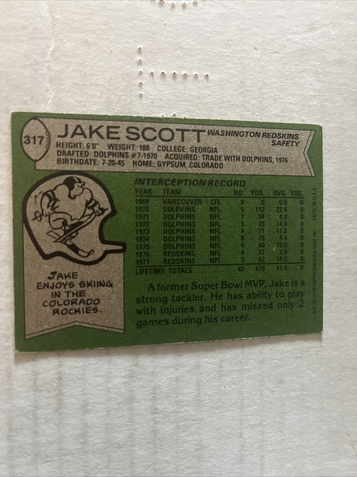 1978 Jake Scott Washington Redskins Topps Football Card #317 | eBay